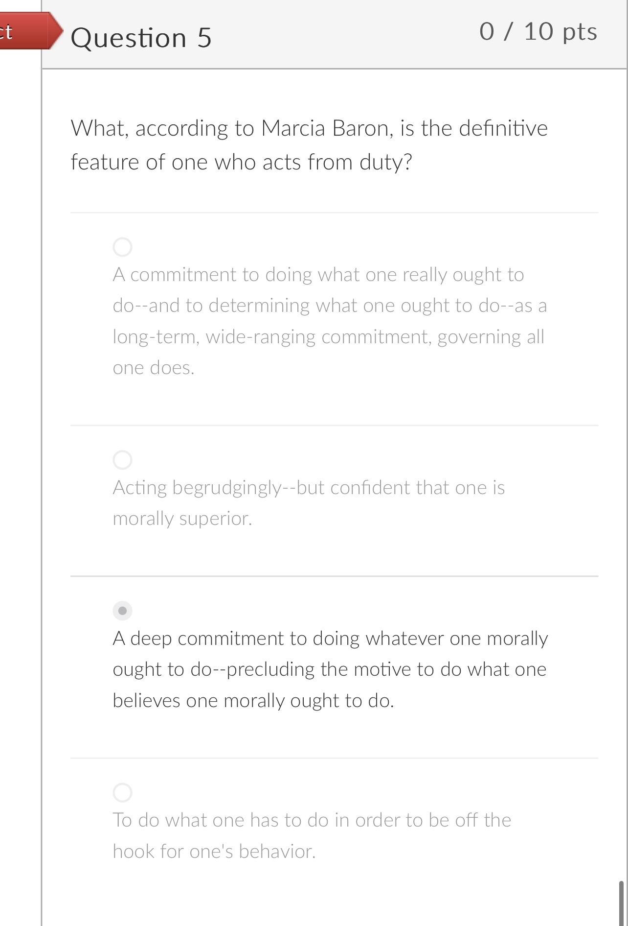 Solved Question 50 / 10 ﻿ptsWhat, according to Marcia Baron, | Chegg.com