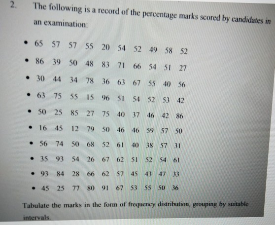 Solved 2. The following is a record of the percentage marks | Chegg.com
