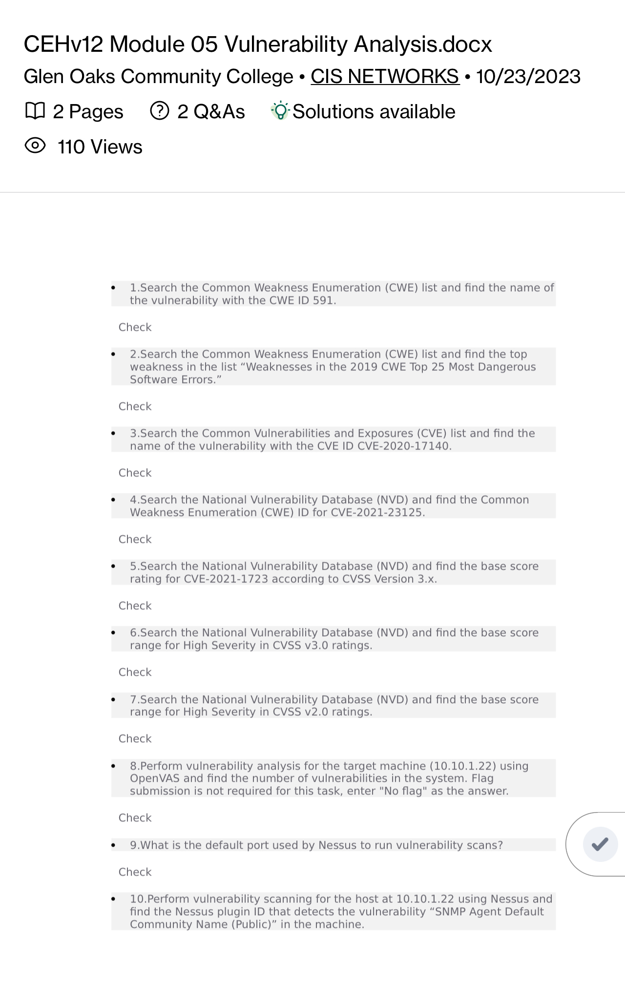 CEHv12 ﻿Module 05 ﻿Vulnerability Analysis.docx Glen | Chegg.com