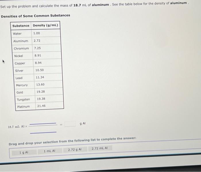 Solved iet up the problem and calculate the mass of 18.7 mL | Chegg.com