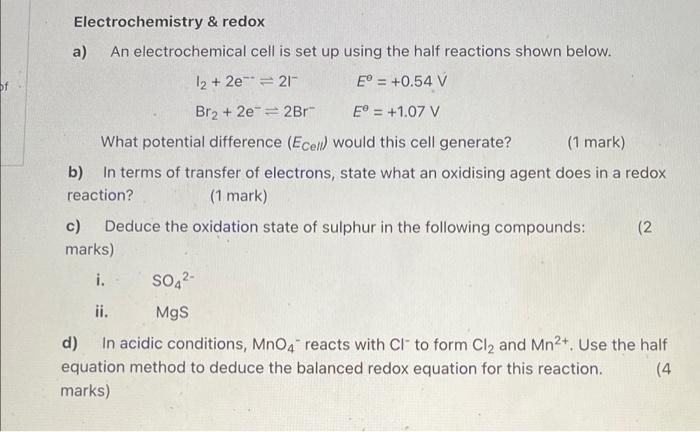 Solved Electrochemistry & redox a) An electrochemical cell | Chegg.com