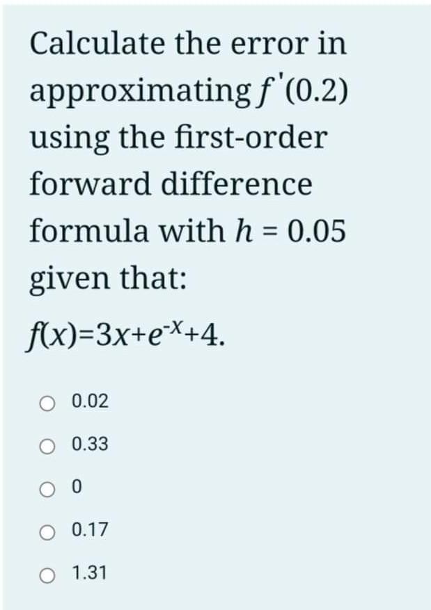 Solved Calculate the error in approximating f'(0.2) using | Chegg.com