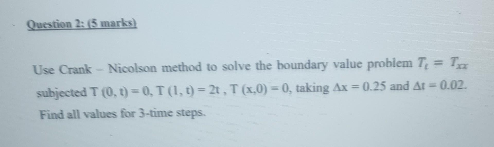 Solved Question 2: (5 marks) Use Crank - Nicolson method to | Chegg.com