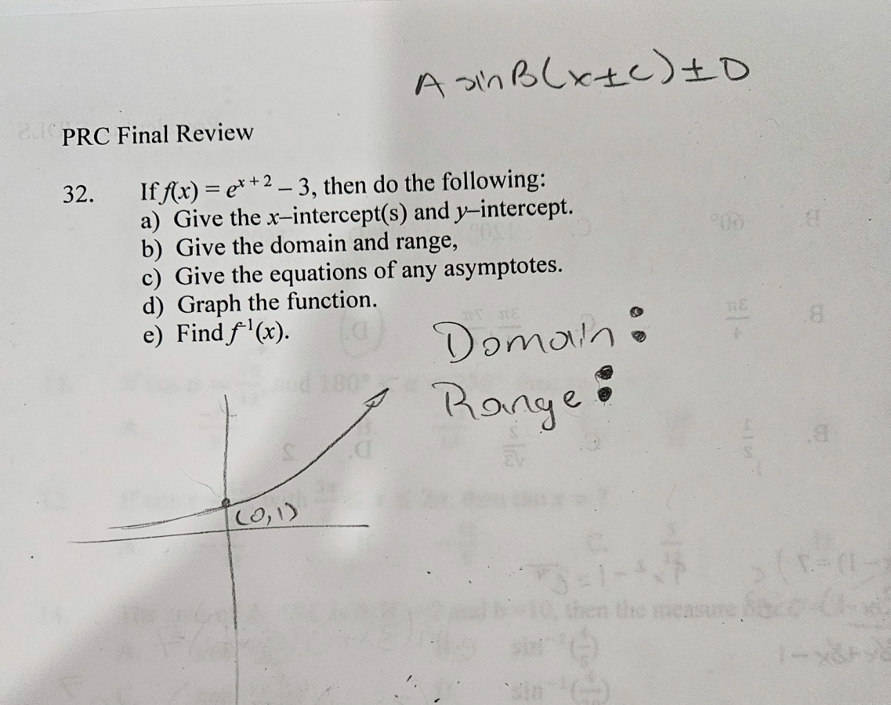 Solved AsinB(x+-C)+-DPRC Final Review32. ﻿If f(x)=ex+2-3, | Chegg.com