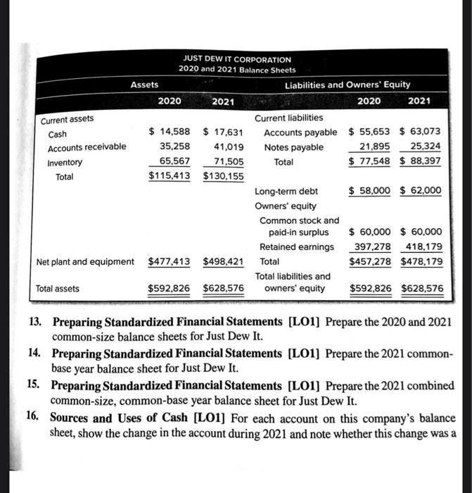 13. Preparing Standardized Financial Statements [LO1] | Chegg.com