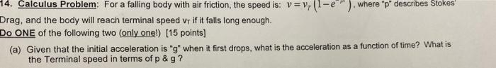Solved 14. Calculus Problem: For a falling body with air | Chegg.com