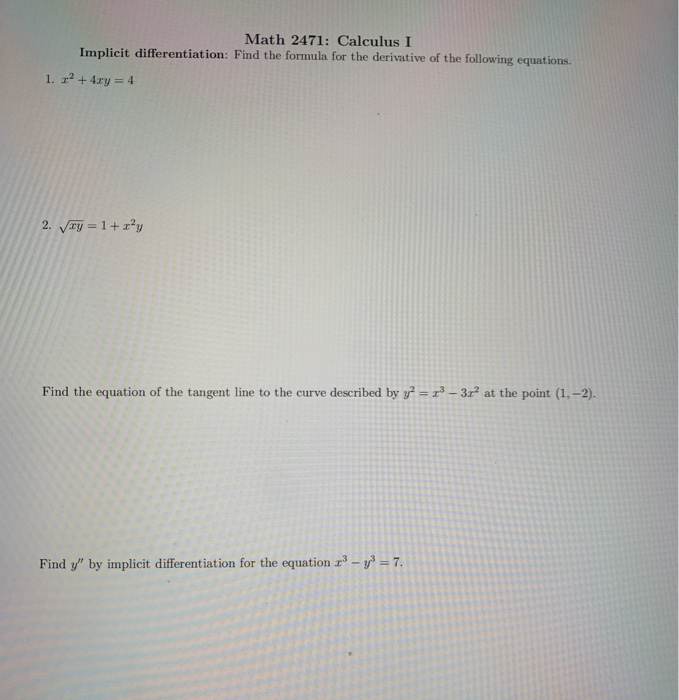 Solved Math 2471: Calculus I Implicit differentiation: Find | Chegg.com