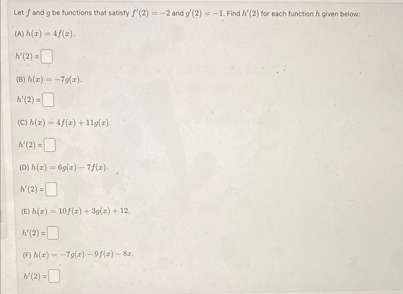 Solved Let f ﻿and g ﻿be functions that satisfy f'(2)=-2 ﻿and | Chegg.com