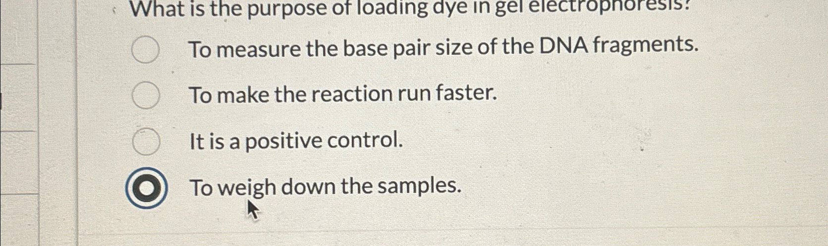 Solved What is the purpose of loading dye in gel | Chegg.com