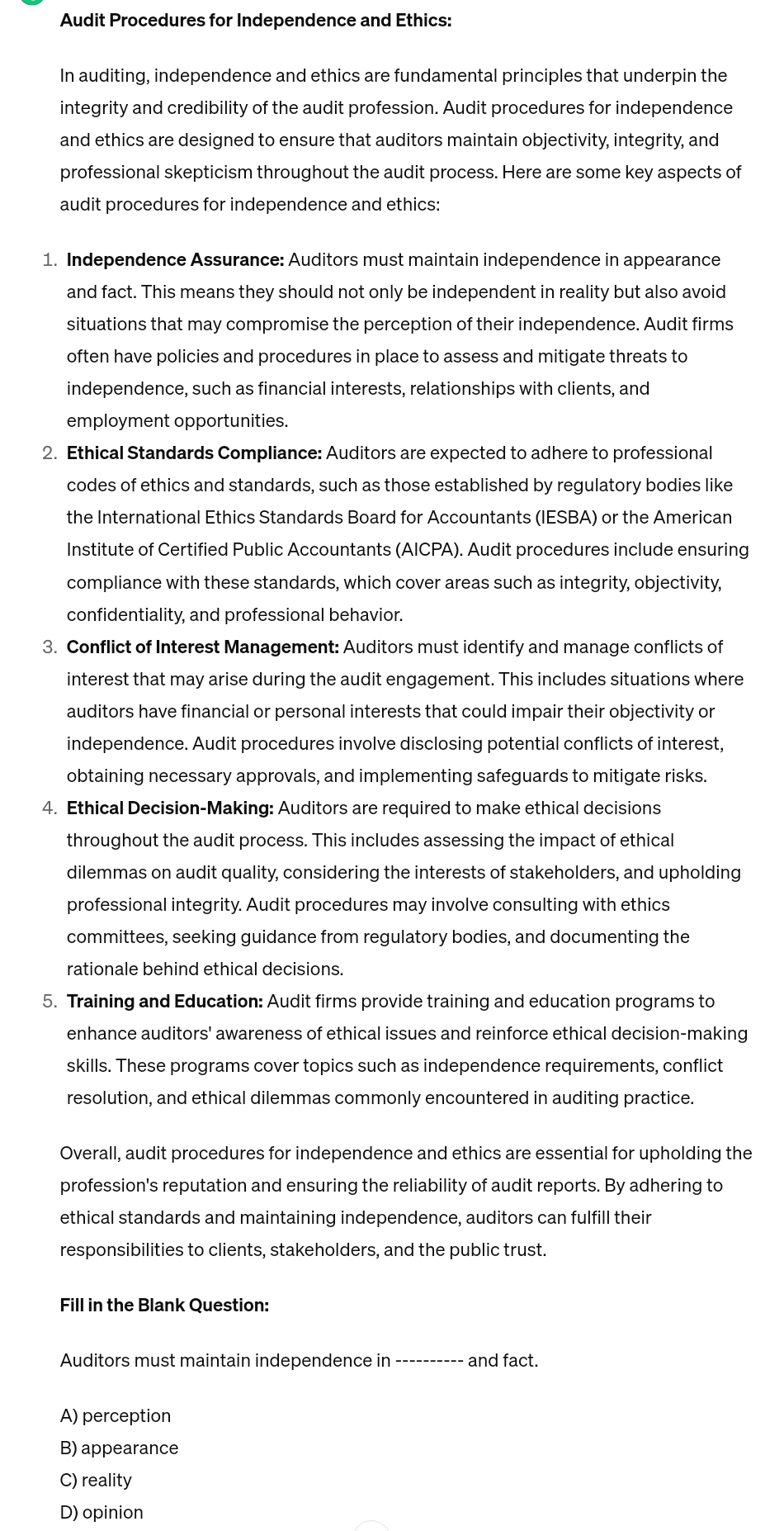 Solved Audit Procedures for Independence and Ethics:In | Chegg.com
