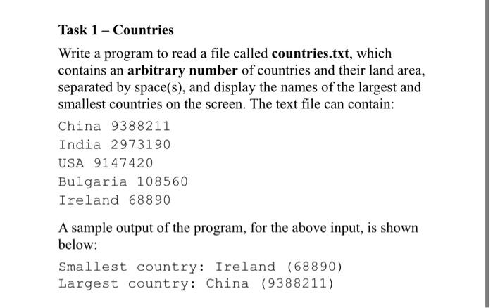 Solved Task 1 Countries Write a C++ program to read a file | Chegg.com Solved Task 1 Countries Write a C++ program to read a file | Chegg.com