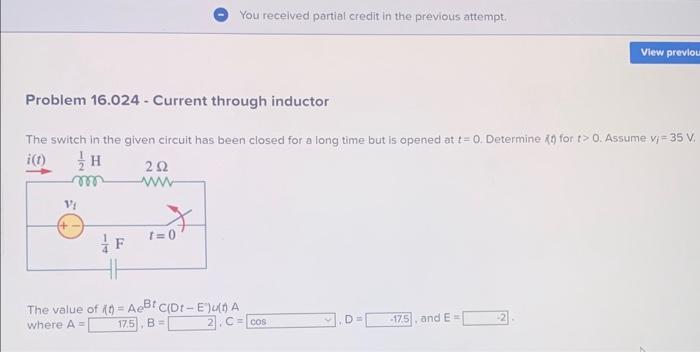 Solved Problem 16.024 - Current through inductor The switch | Chegg.com