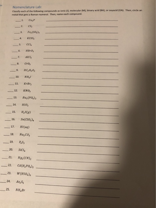 Solved Nomenclature Lab: Classify each of the following | Chegg.com