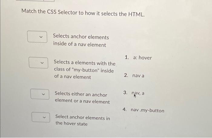 Solved Match the CSS Selector to how it selects the HTML. | Chegg.com