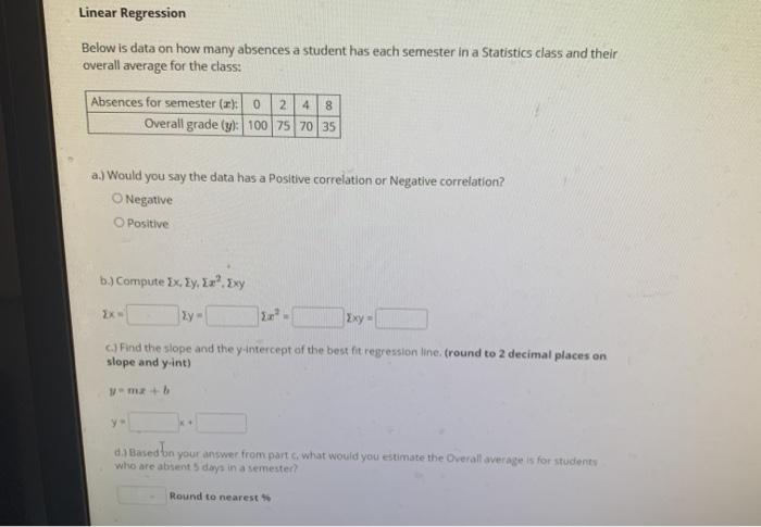Solved Linear Regression Below is data on how many absences | Chegg.com