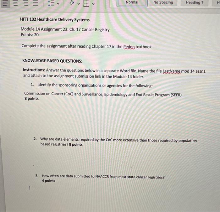 Solved HITT 102 Healthcare Delivery Systems Module 14 | Chegg.com