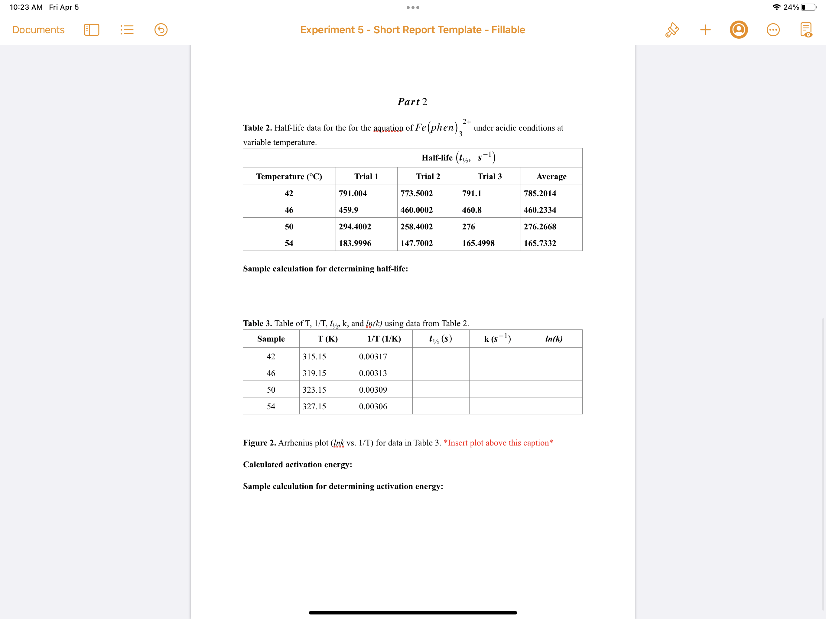 Solved Part 2Table 2. ﻿Half-life data for the for the | Chegg.com