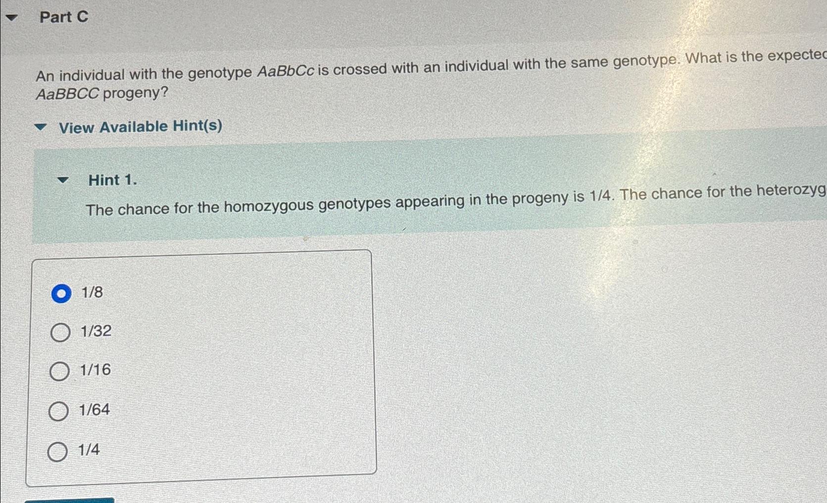 Solved Part CAn individual with the genotype AaBbCc is | Chegg.com