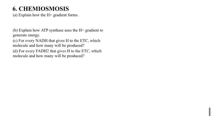 Solved 6. CHEMIOSMOSIS (a) Explain how the H+ gradient | Chegg.com