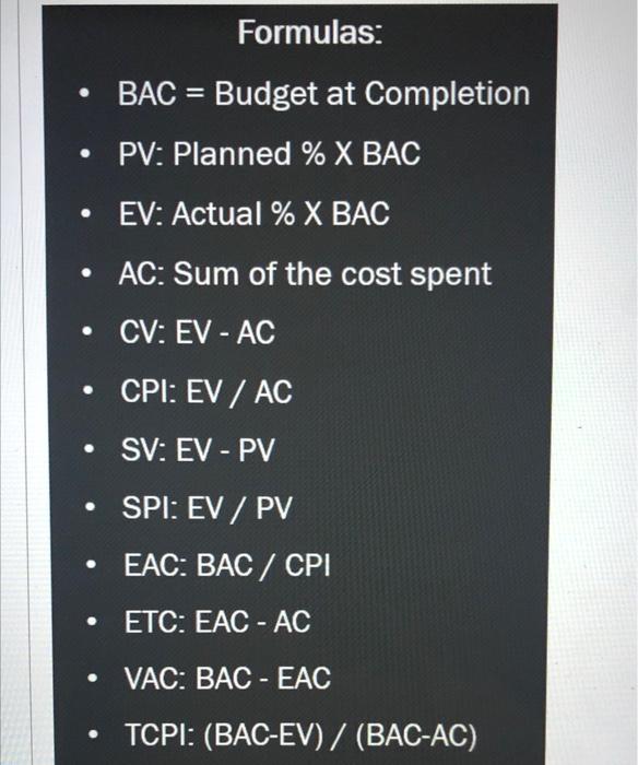 Solved Formulas: BAC = Budget at Completion PV: Planned % X | Chegg.com