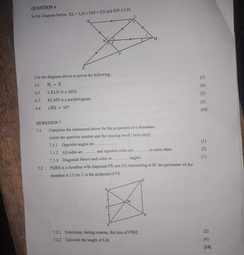 Solved QUESTION 6In the diagram below, KL-rx-NM=EN ﻿and | Chegg.com