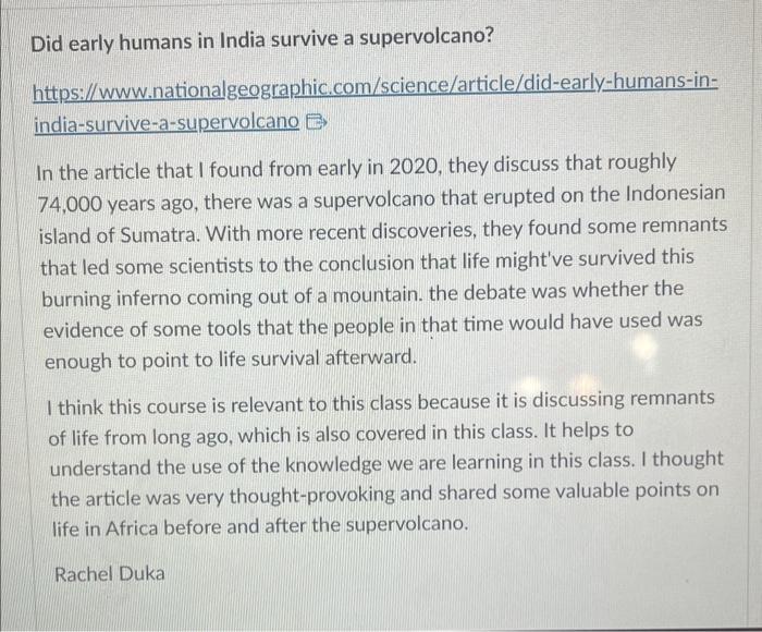 Did early humans in India survive a supervolcano? | Chegg.com