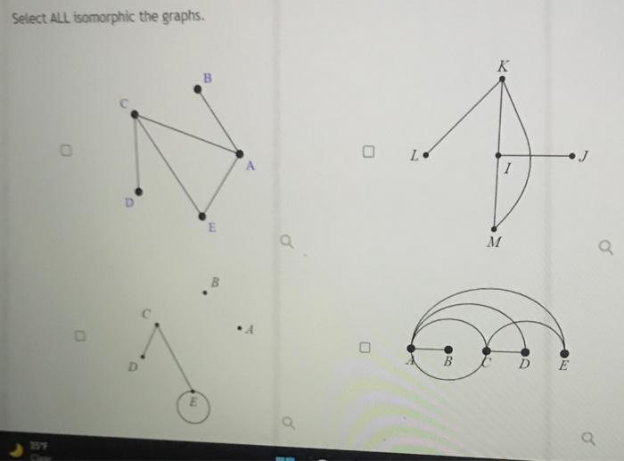 Solved Select ALL isomorphic the graphs. K B Lo А 1 E M B D | Chegg.com