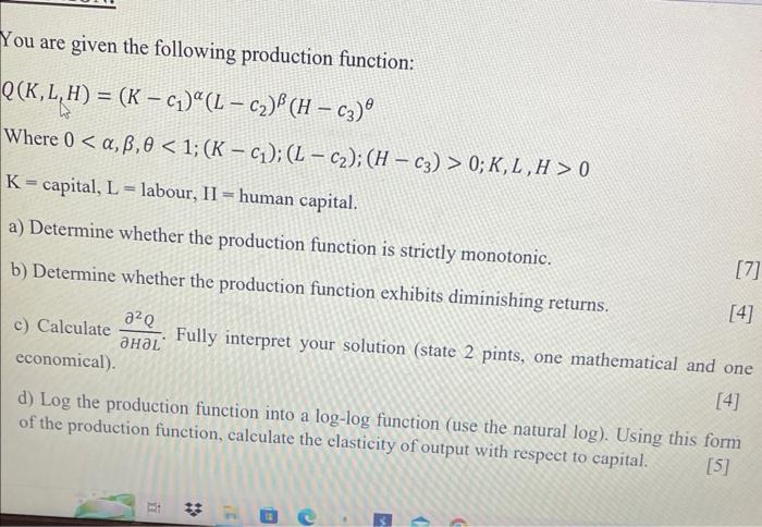 Solved You are given the following production function: | Chegg.com