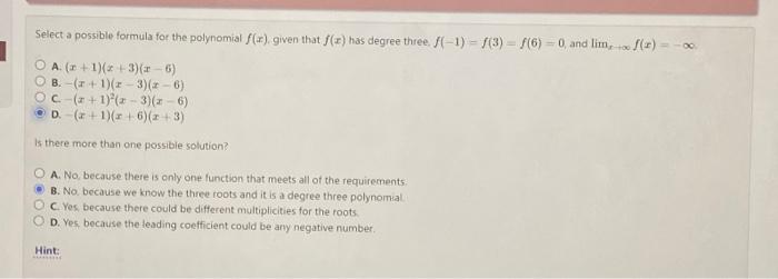 Solved Select a possible formula for the polynomial f(x), | Chegg.com