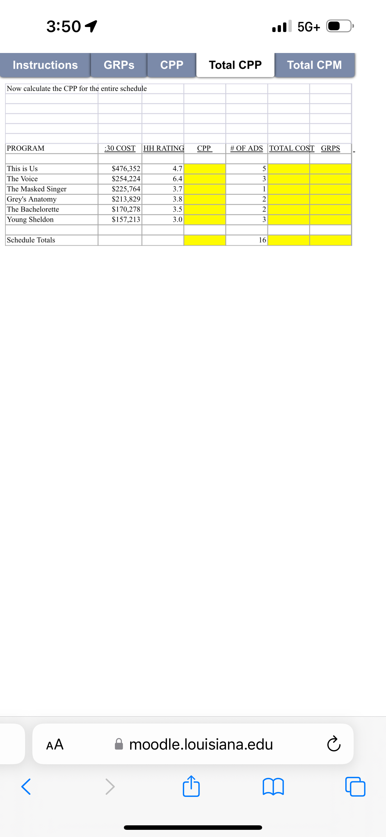 Solved 3:504ill 5G+ InstructionsGRPsCPPTotal CPPTotal | Chegg.com