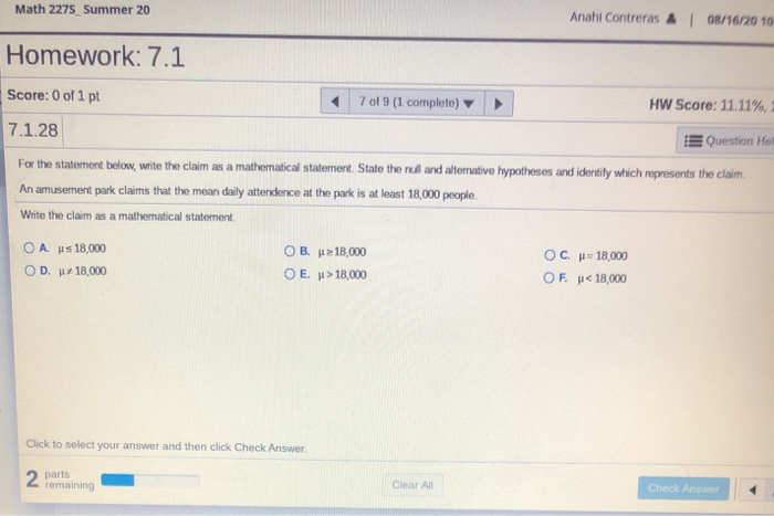 Solved Math 2275 Summer 20 Anaht Contreras 108/16/2010 | Chegg.com
