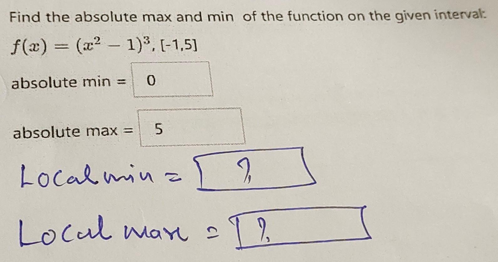 Solved Find the absolute max and min of the function on the | Chegg.com