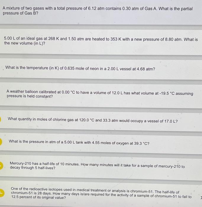 Solved A mixture of two gases with a total pressure of 6.12 | Chegg.com
