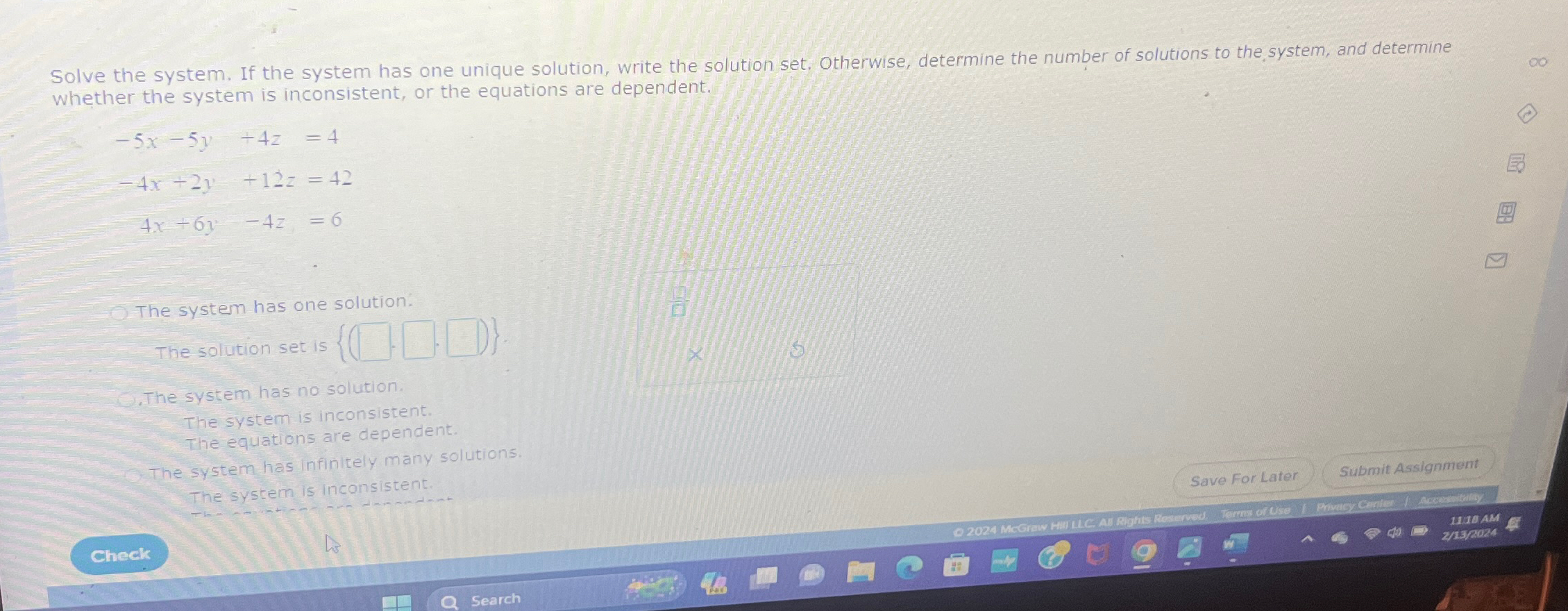 Solved Solve the system. If the system has one unique | Chegg.com