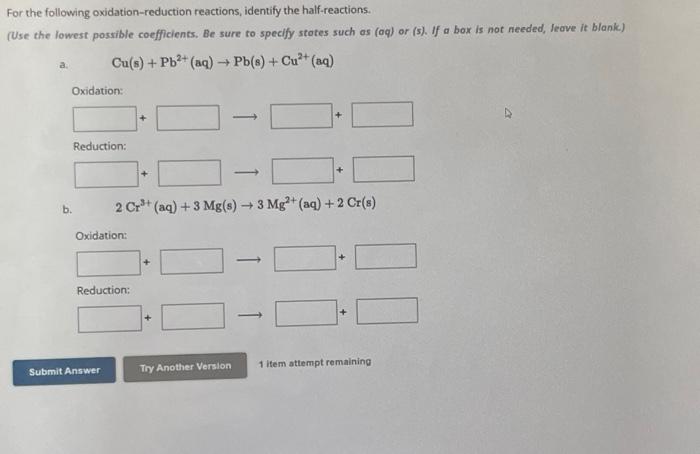 Solved or the following oxidation-reduction reactions, | Chegg.com