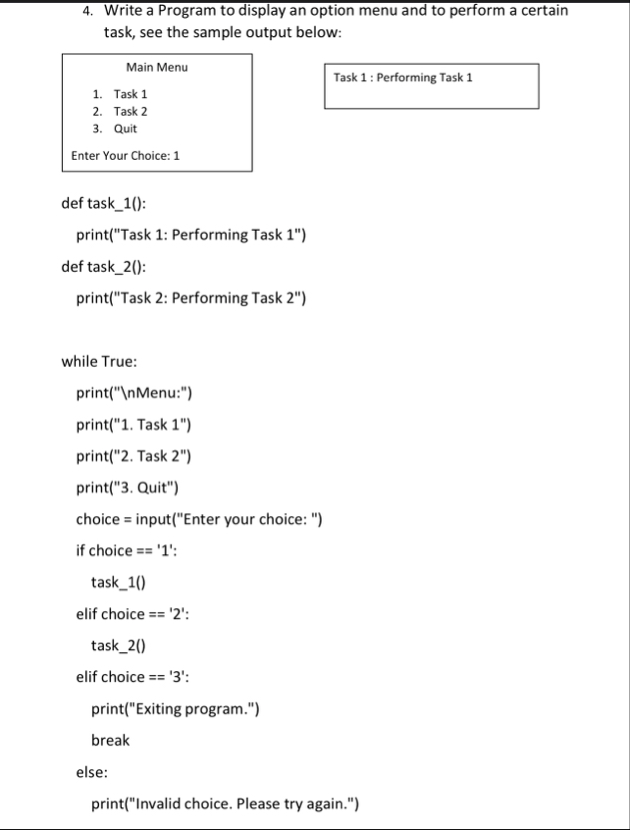 Solved Write a Program to display an option menu and to | Chegg.com