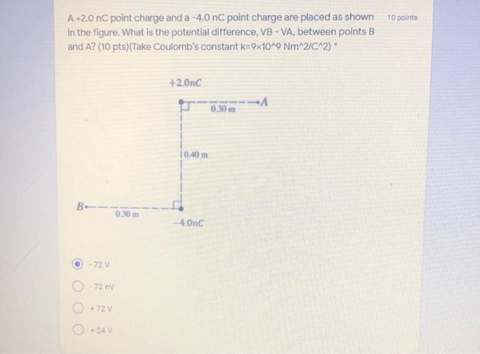 Solved 10 points A +2.0 nC point charge and a -4.0 nC point | Chegg.com