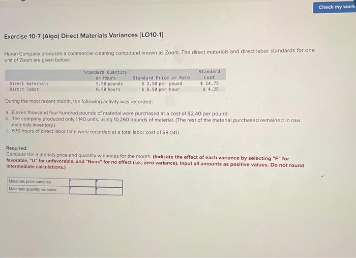 Solved Exercise 10-7 (Algo) Direct Materials Variances | Chegg.com