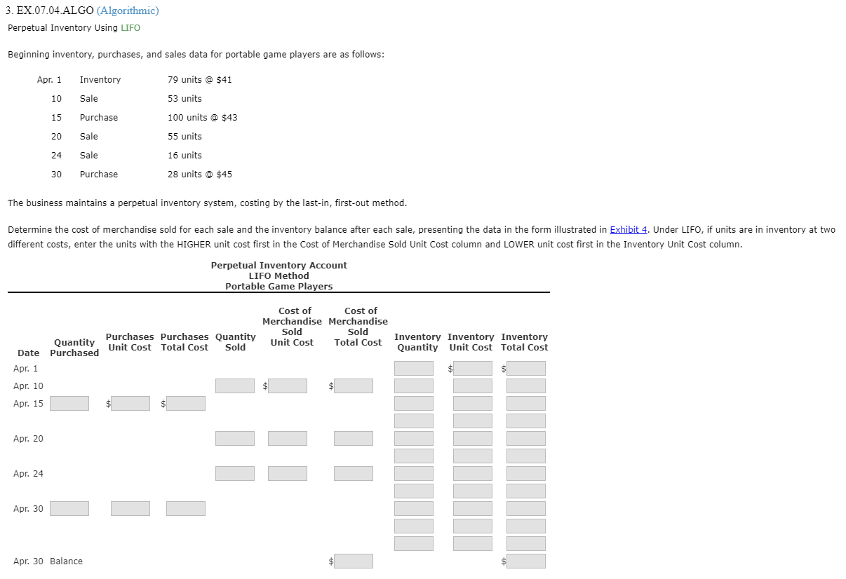 Solved EX.07.04.ALGO (Algorithmic)Perpetual Inventory Using | Chegg.com