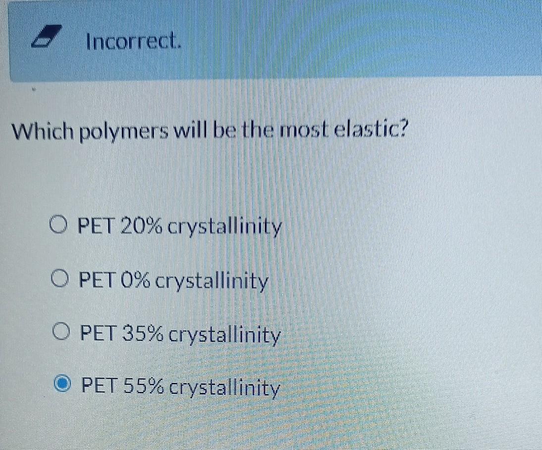 Solved θ Incorrect. Which polymers will be the most elastic? | Chegg.com