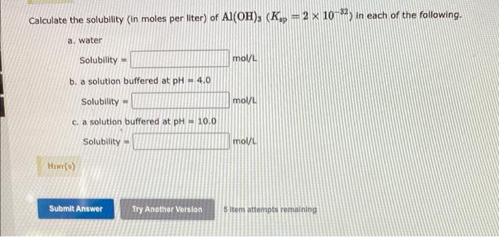 Solved Calculate the solubility (In moles per liter) of | Chegg.com