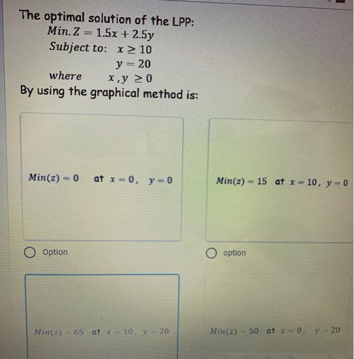 Solved The optimal solution of the LPP: Min. Z = 1.5x + 2.5y | Chegg.com