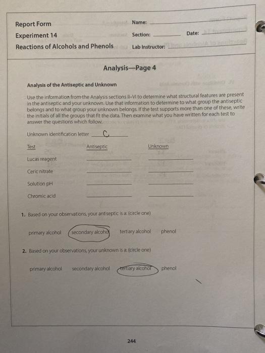 Solved Name Report Form Experiment 14 Reactions Of Alcohols