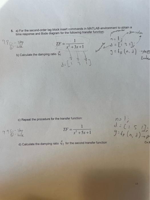 Solved 5. a) For the second-order lag block insert commands | Chegg.com