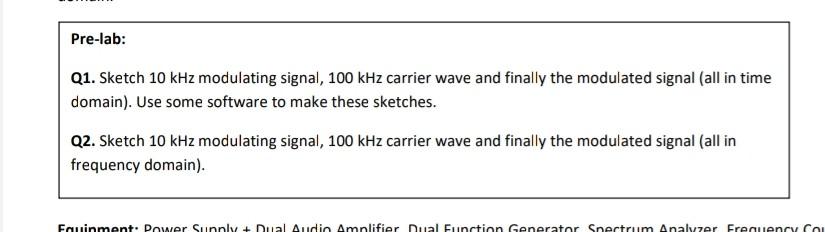 Solved Pre-lab: Q1. Sketch 10kHz modulating signal, 100kHz | Chegg.com