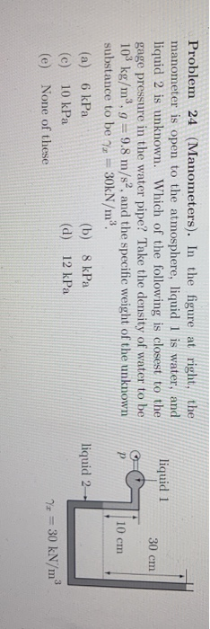 Solved liquid 1 30 cm Problem 24 (Manometers). In the figure | Chegg.com