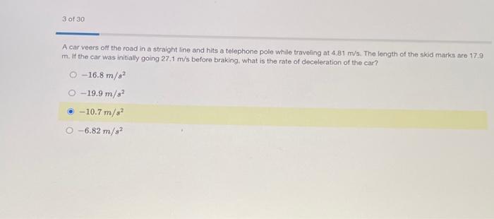 Solved A car veers off the road in a straight line and hits | Chegg.com