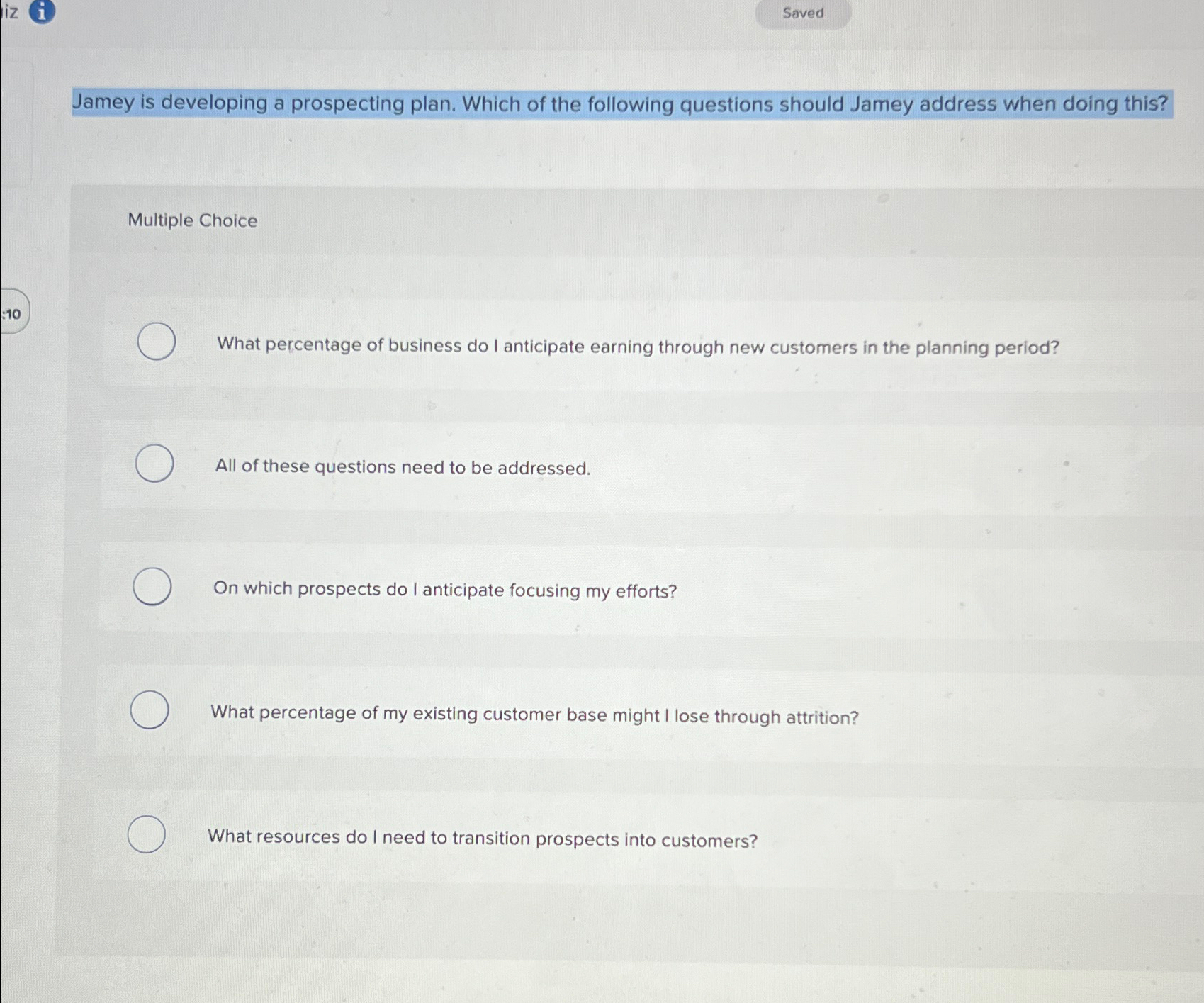 Solved Jamey is developing a prospecting plan. Which of the | Chegg.com