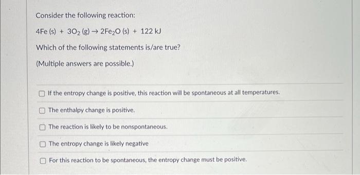 Solved Consider The Following Reaction 4fe S 3o2