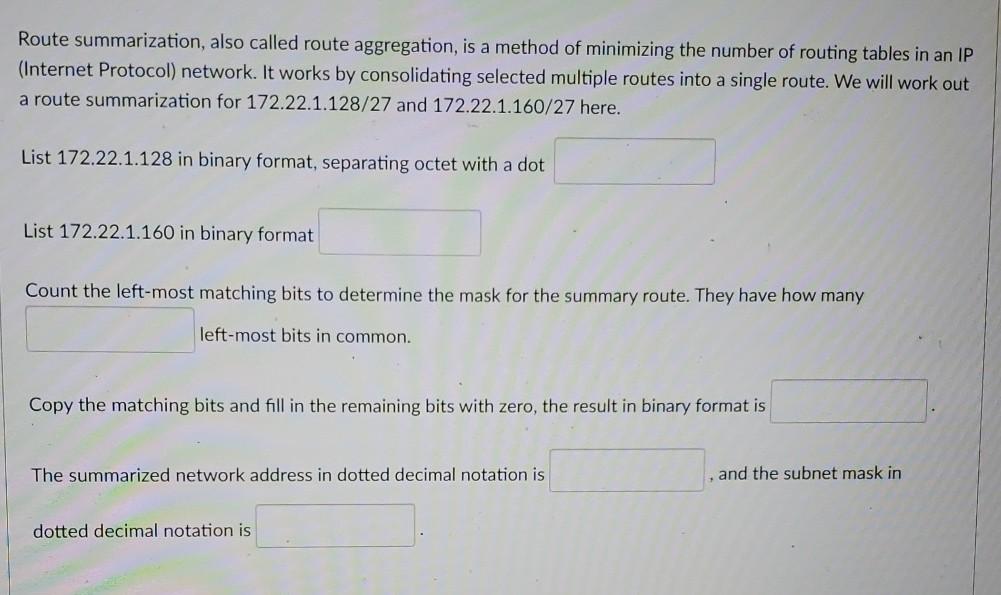 Solved Route summarization, also called route aggregation, | Chegg.com
